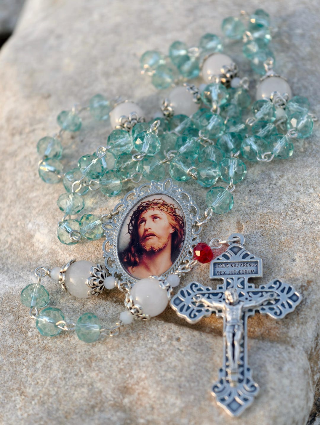 Handmade Rosary: Holy Face of Jesus, Austrian Crystals, Moonstone Beads ...