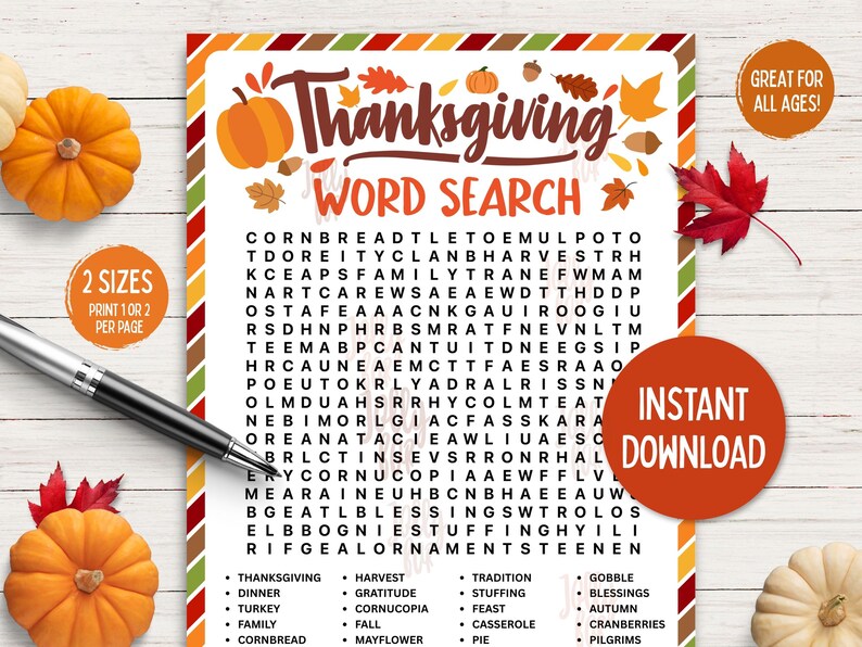 Thanksgiving Word Search Printable Game Kids Friends Family Table Game ...