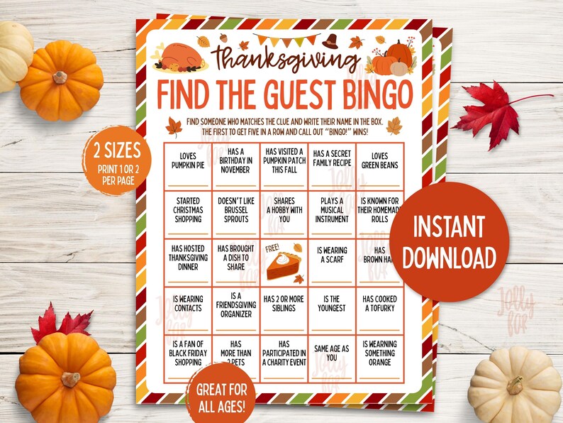 Thanksgiving Find the Guest Bingo Game Fun Friendsgiving Party ...