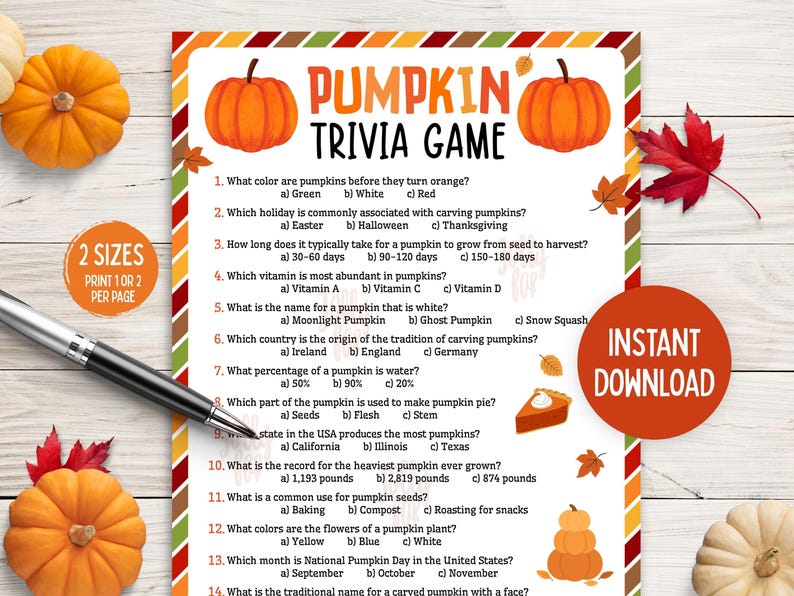Pumpkin Trivia Game Fall Trivia Thanksgiving Printable Trivia Kid Adult ...