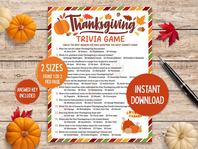 Thanksgiving Trivia Game Thanksgiving Printable Game Thanksgiving Kids ...