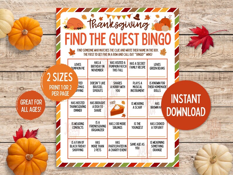 Thanksgiving Find the Guest Bingo Game Fun Friendsgiving Party ...