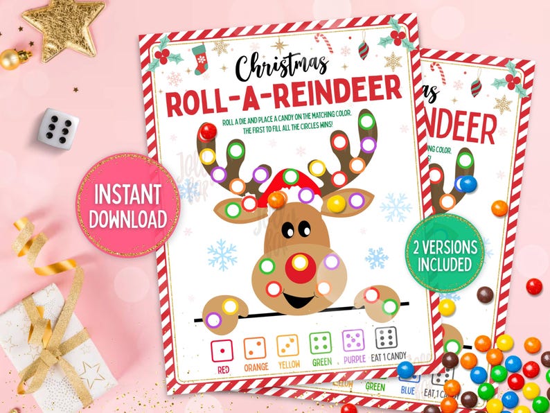 Roll a Reindeer Christmas Printable Game Kids Family Table Game Roll-a ...