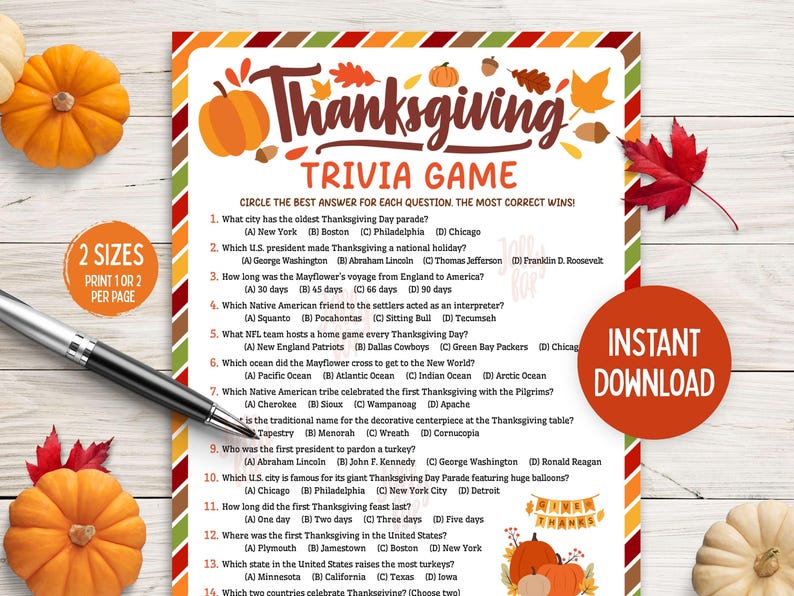 Thanksgiving Trivia Game Thanksgiving Printable Game Thanksgiving Kids ...