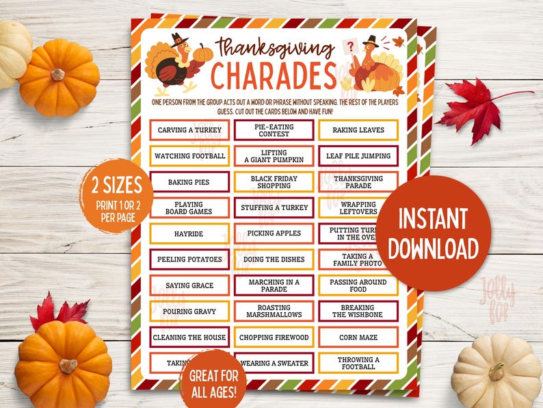 Thanksgiving Charades Thanksgiving Printable Game Kids Friends Family ...