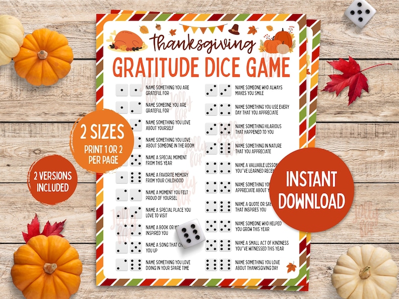 Gratitude Dice Game Thanksgiving Printable Game Kids Adults Friends ...