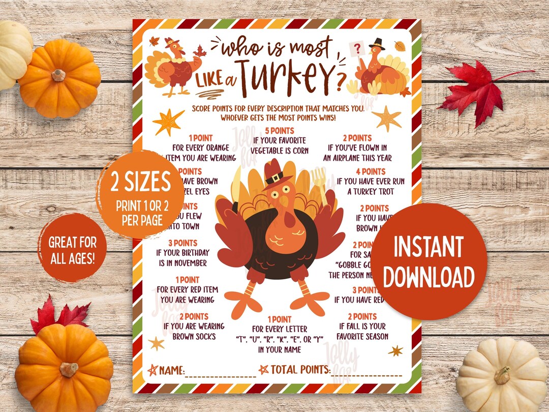 Who is Most Like a Turkey Thanksgiving Printable Game Kids Friends ...