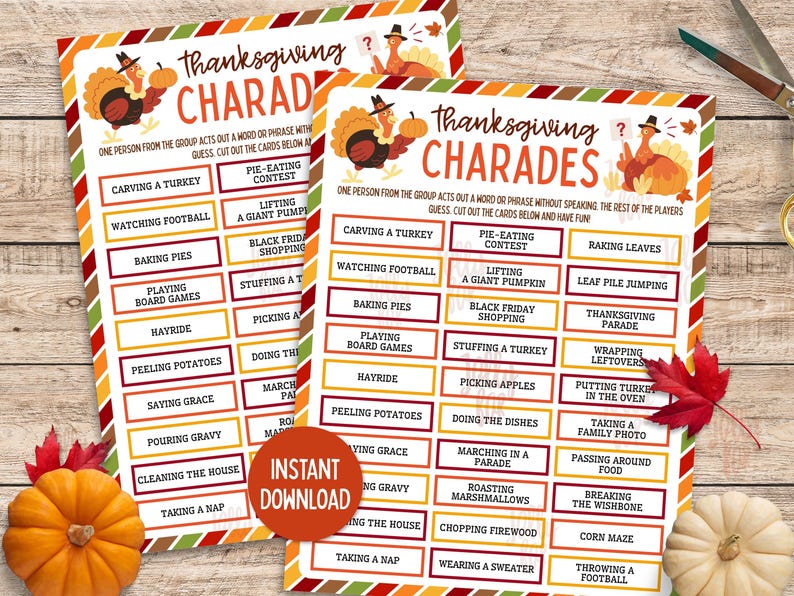 Thanksgiving Charades Thanksgiving Printable Game Kids Friends Family ...