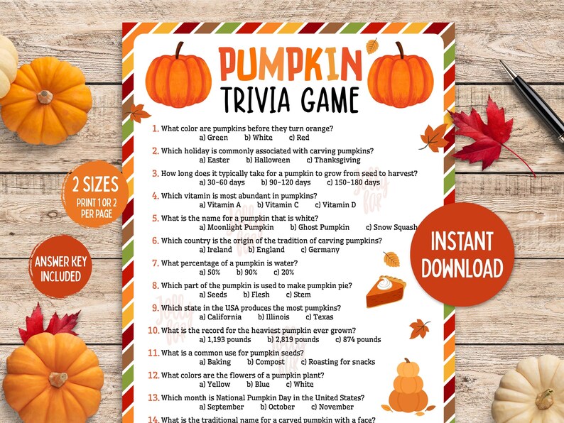 Pumpkin Trivia Game Fall Trivia Thanksgiving Printable Trivia Kid Adult ...