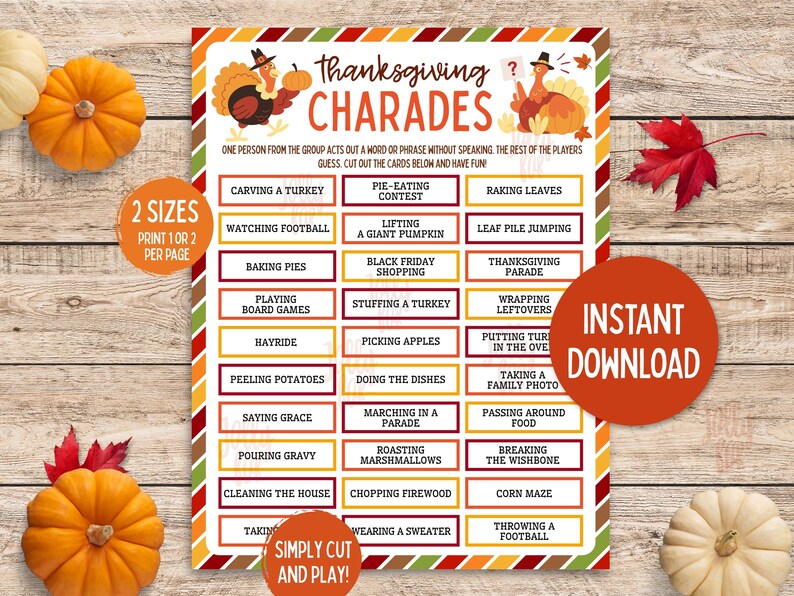 Thanksgiving Charades Thanksgiving Printable Game Kids Friends Family ...