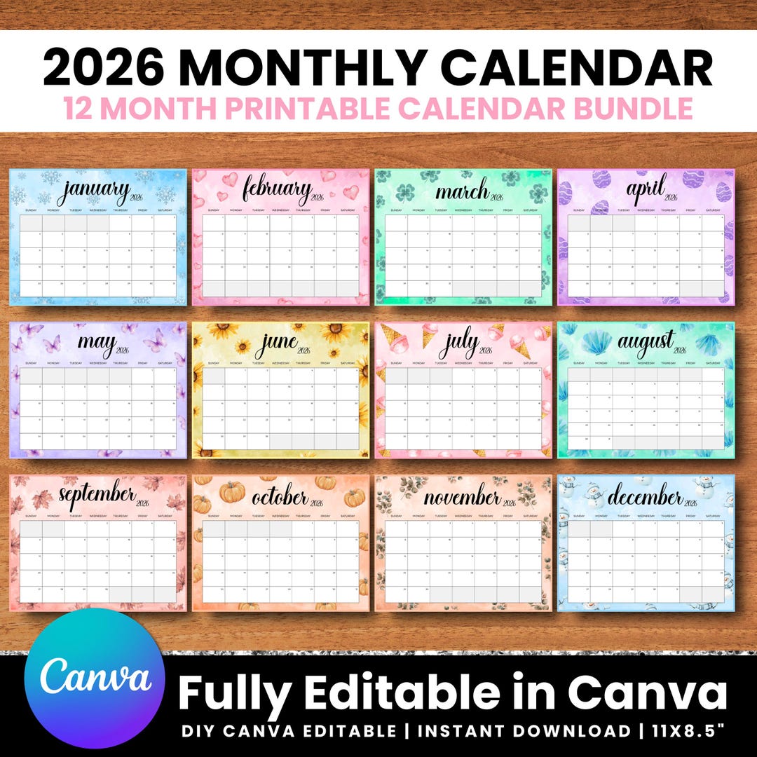 Calendario mensual editable 2026, bonito planificador imprimible 2026 ...