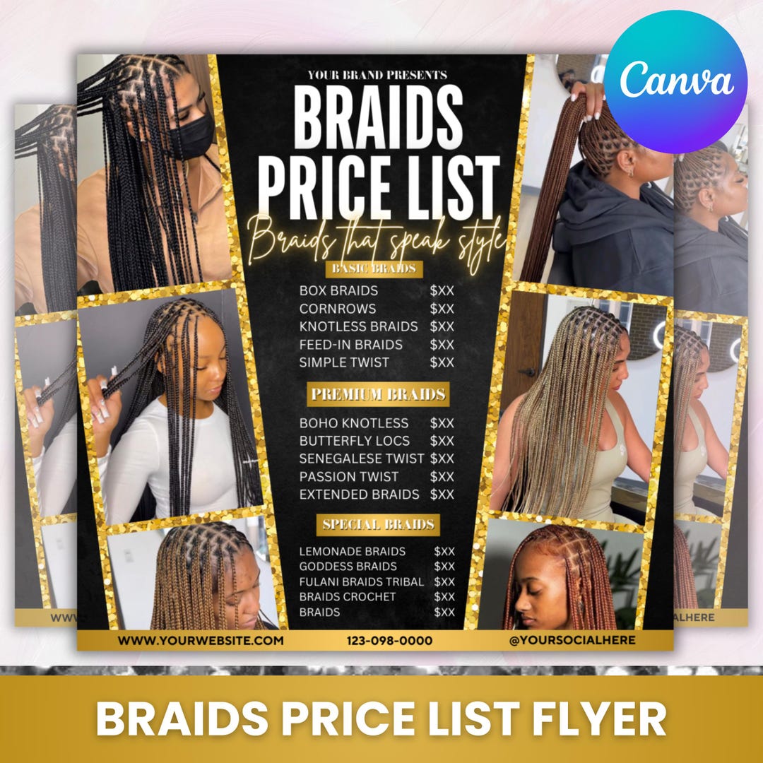 Braids Pricelist, Braids Price List Flyer,knotless Braids Flyer,beauty ...