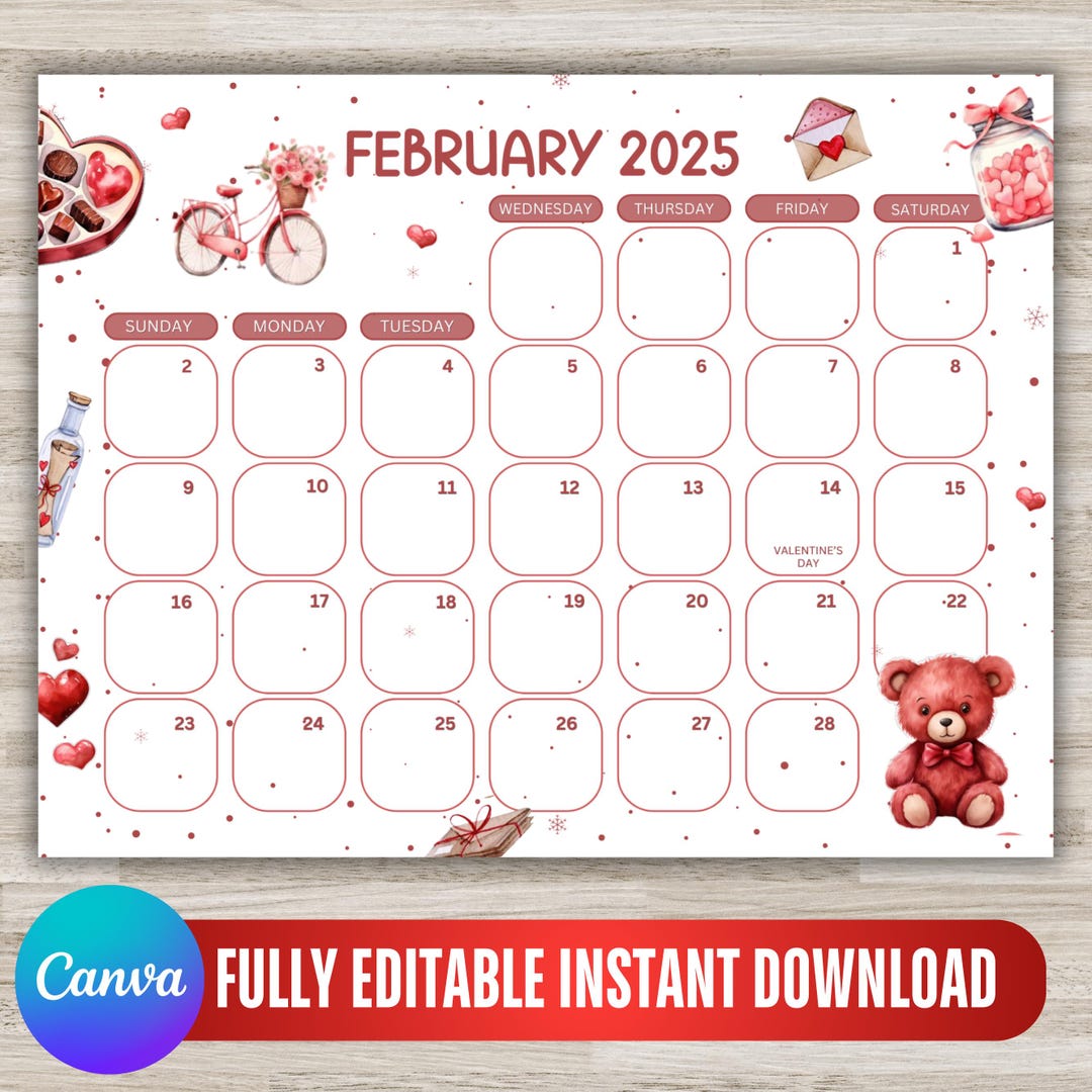 Editable February 2025 Calendar, February 2025 Calendar, Happy ...