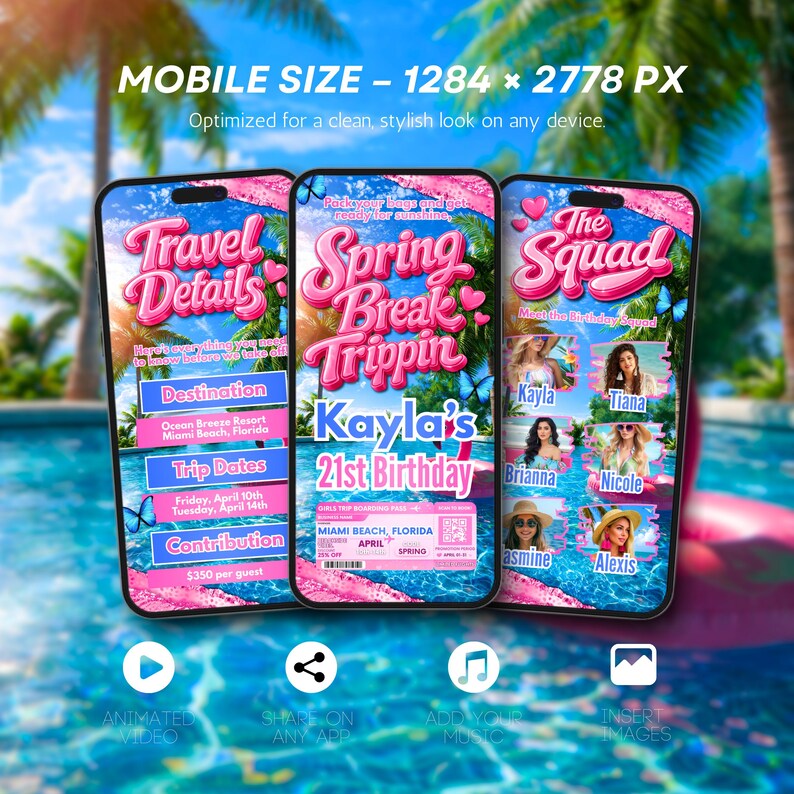 Spring Break Girls Vibes Summer Getaway Itinerary Pink, Editable Travel ...