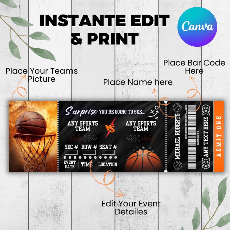 Printable Basketball Ticket Template: Editable Sports Gift (canva) - Etsy