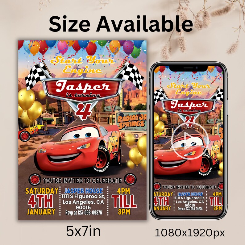 Cars Birthday Invitation, Race Car Birthday Party Invitation, Red Car ...