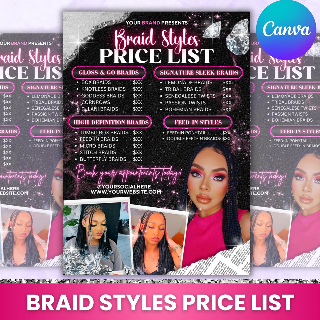 Braids Pricelist, Braids Price List Flyer,knotless Braids Flyer,beauty ...