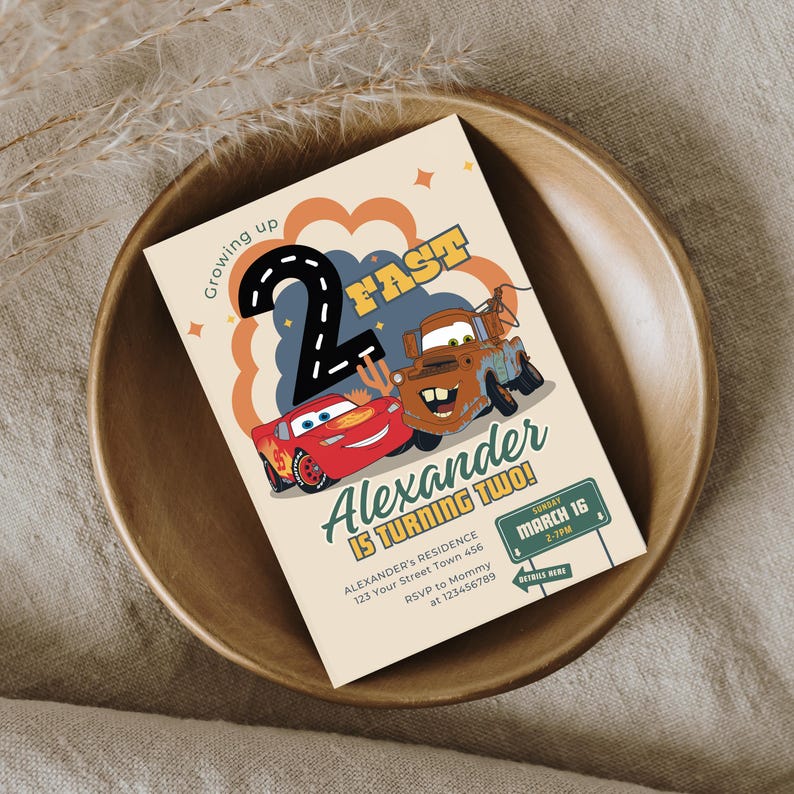 Two Fast Birthday Invitation Lightning Mcqueen Birthday Invite Kids ...