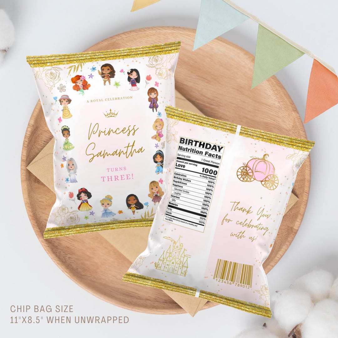 Editable Princess Chip Bag Wrapper, Princess Party Favors Template ...