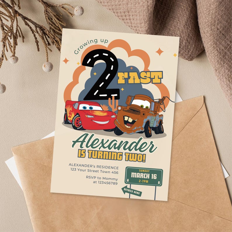 Two Fast Birthday Invitation Lightning Mcqueen Birthday Invite Kids ...