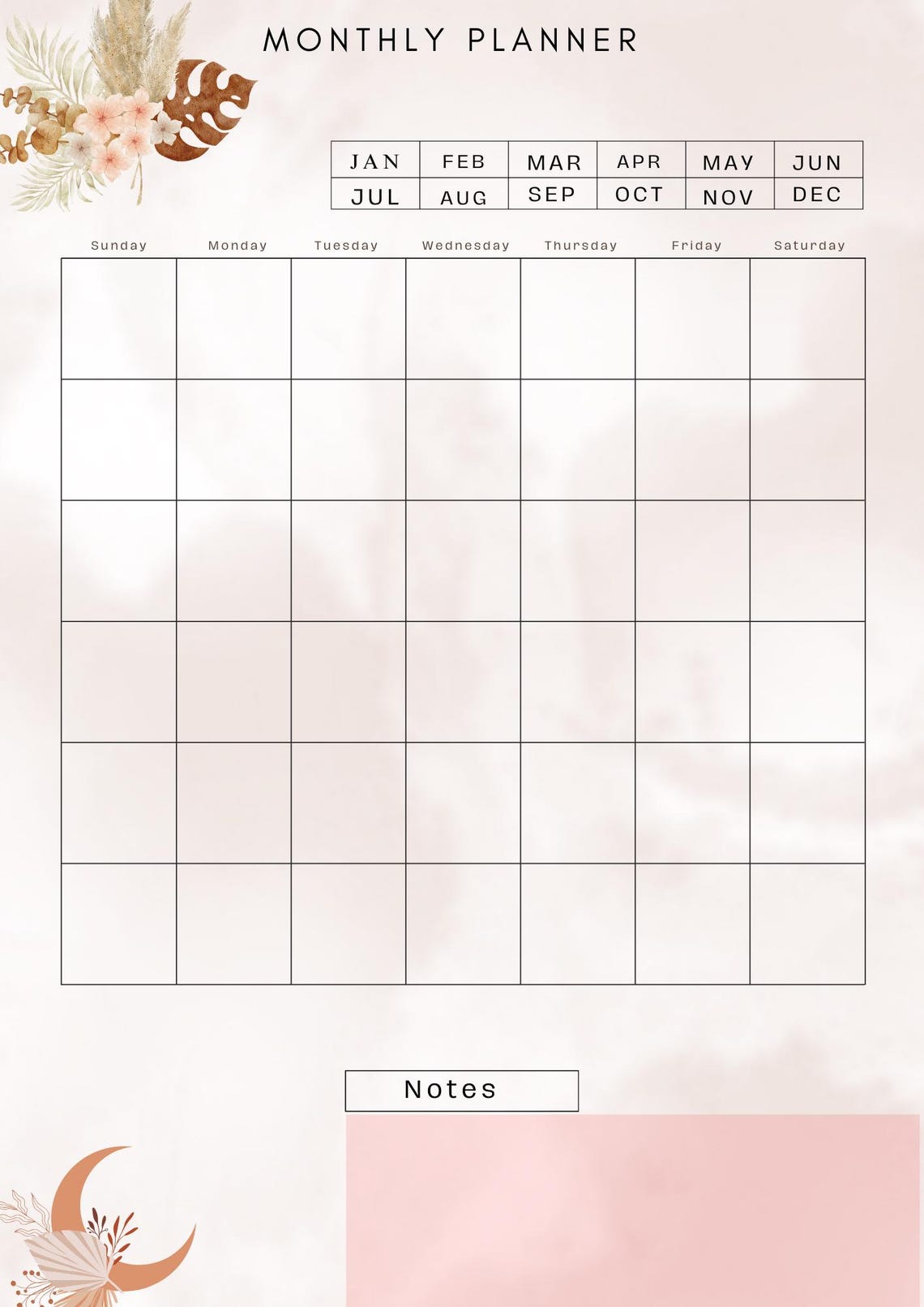 Minimalist Monthly Planner Printable Calendar Template With Notes ...
