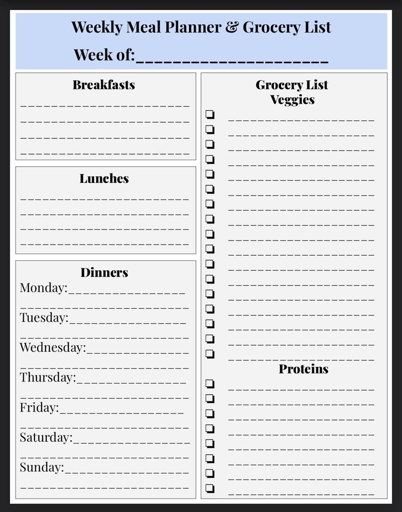 Weekly Meal Planner and Grocery Check List - Etsy