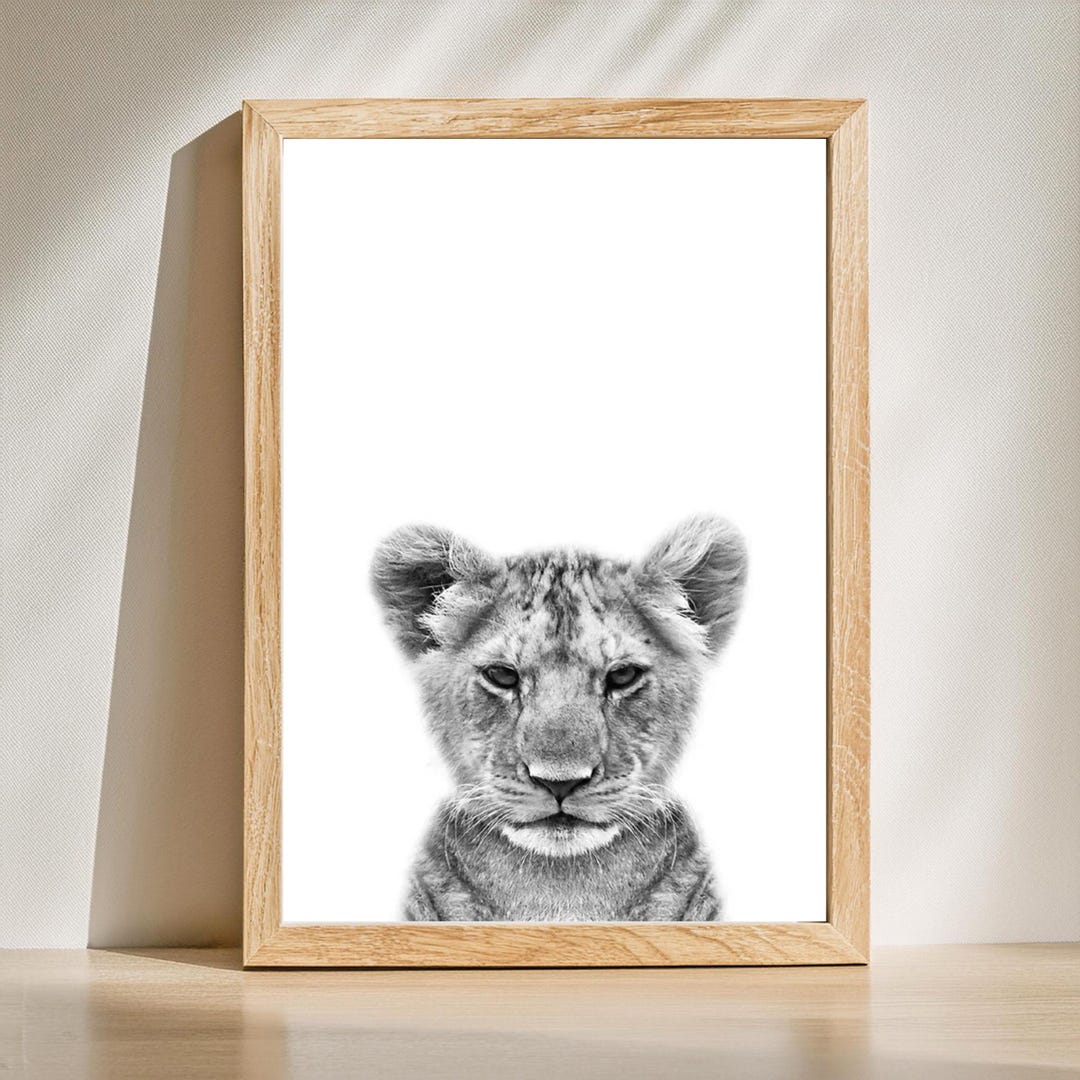 Baby Lion Canvas Poster, Black and White Wildlife Animal Portrait Print ...