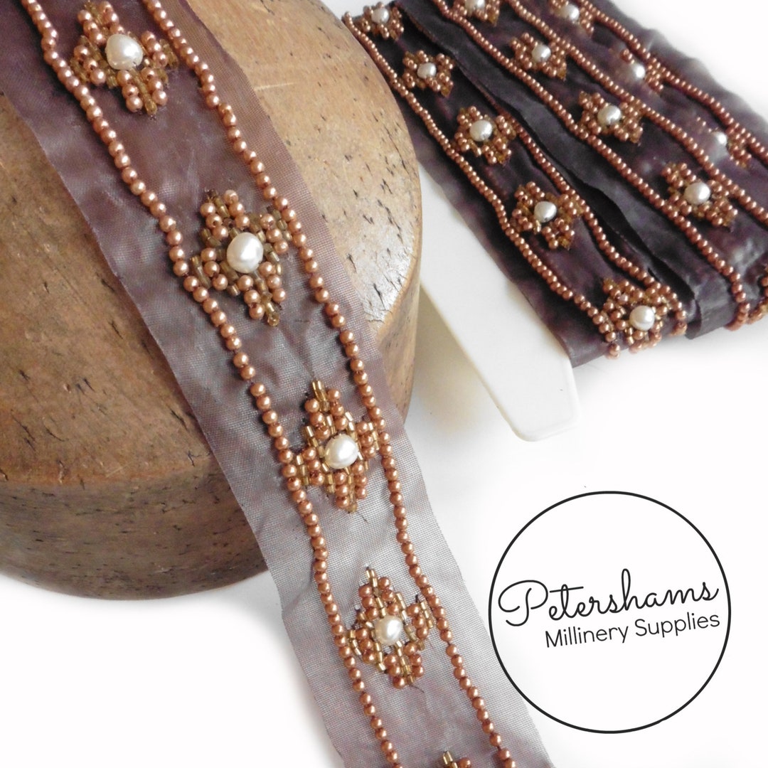 Sheer Pearl and Bead Adorned Diamond Pattern Trim for Hat Making ...