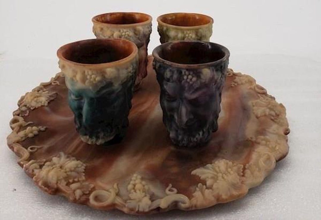 Vintage Incolay Stone Tray & Bacchus Cups Set: Handcrafted Grape Leaf ...