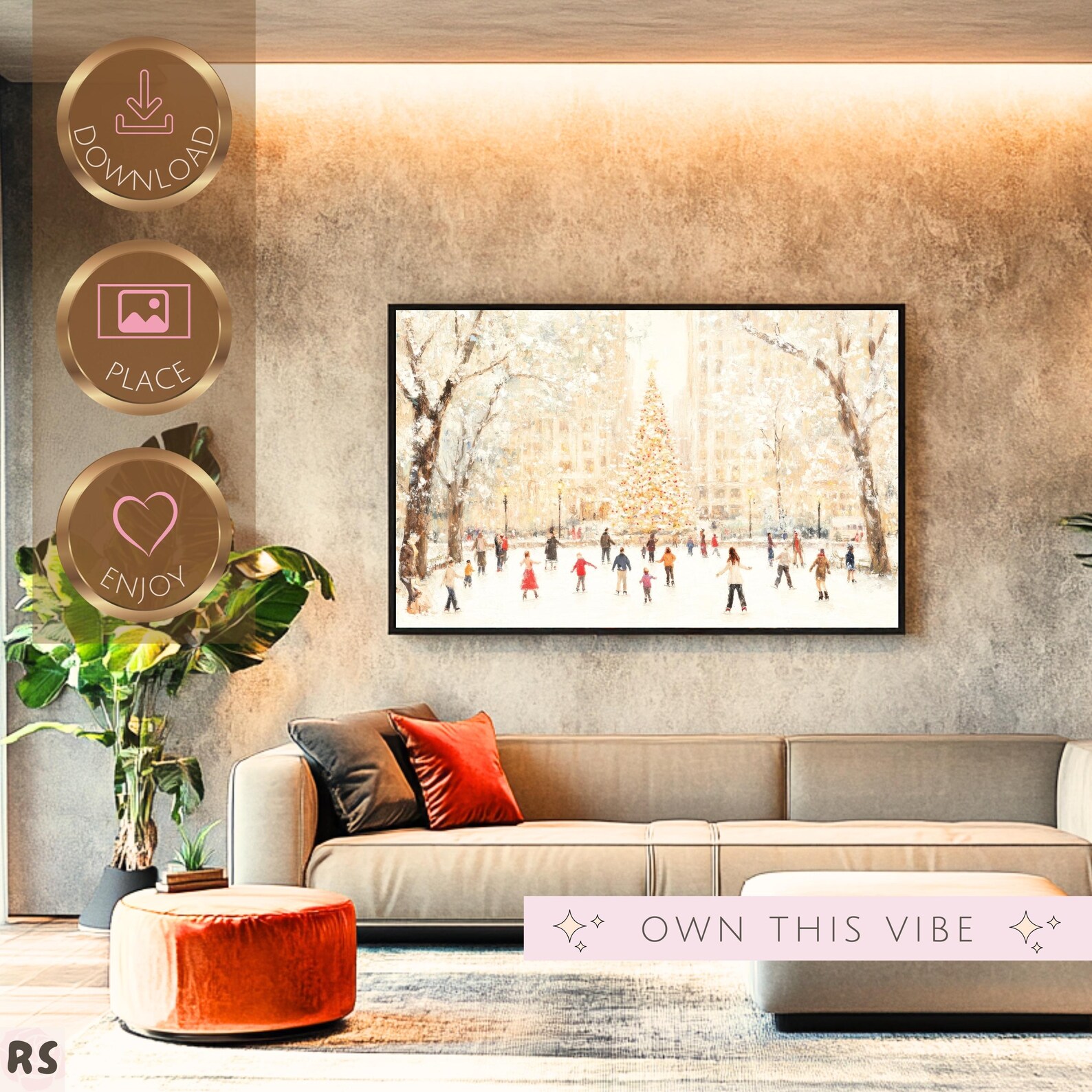 City of Snowlights | Christmas Tree Frame TV Art, Winter Vintage Oil ...