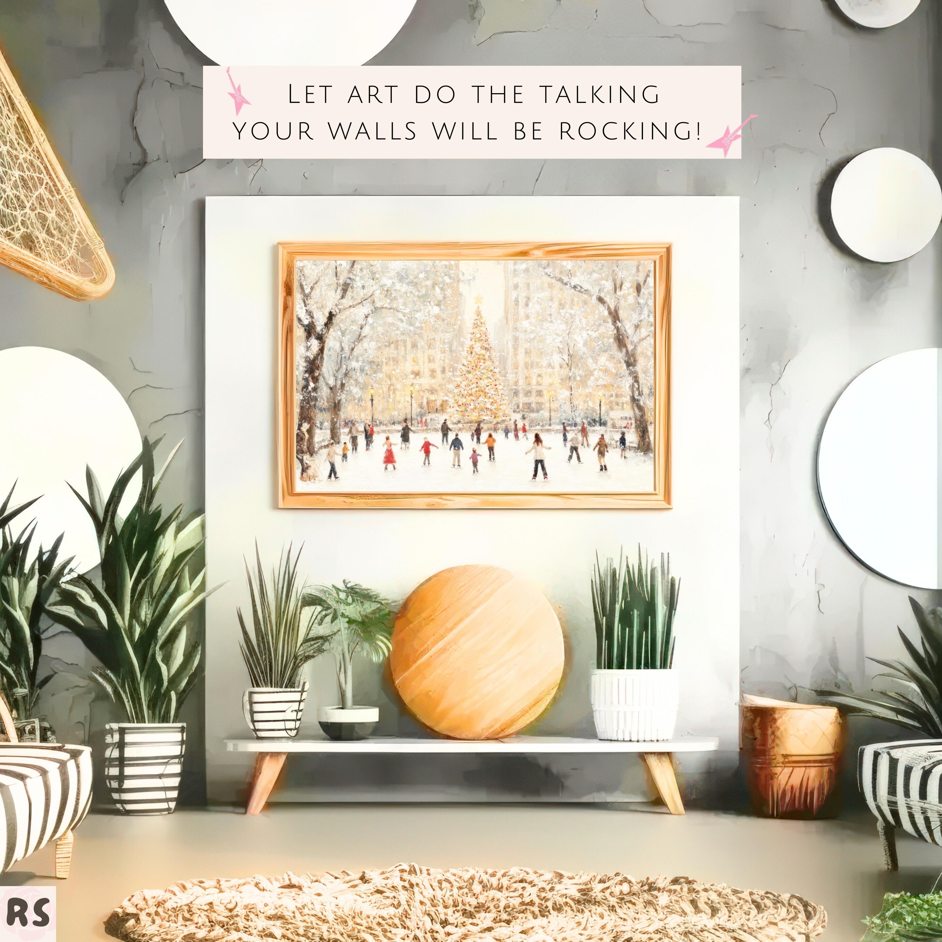 City of Snowlights | Christmas Tree Frame TV Art, Winter Vintage Oil ...