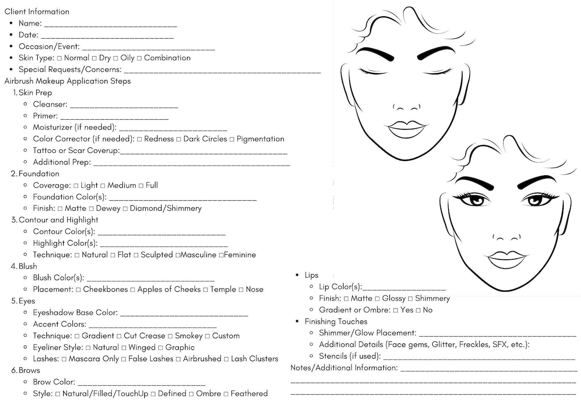 Editable Makeup Face Chart Template | Makeup Consult and Notes Sections ...