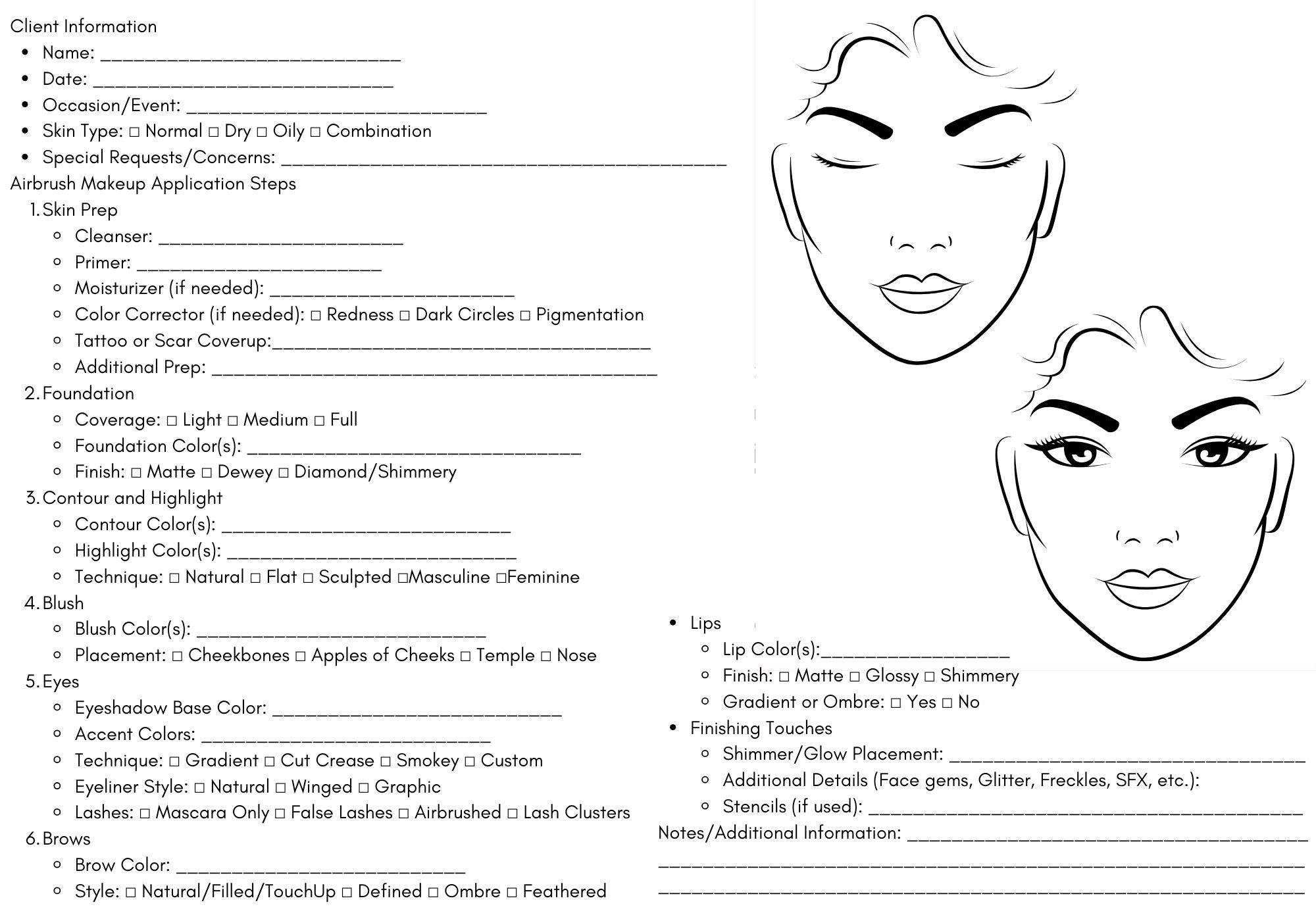 Editable Makeup Face Chart Template | Makeup Consult and Notes Sections ...
