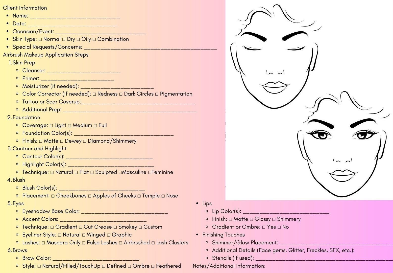 Editable Makeup Face Chart Template | Makeup Consult and Notes Sections ...