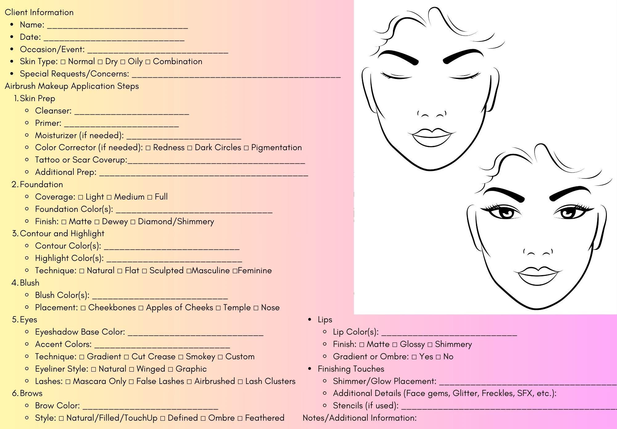 Editable Makeup Face Chart Template | Makeup Consult and Notes Sections ...