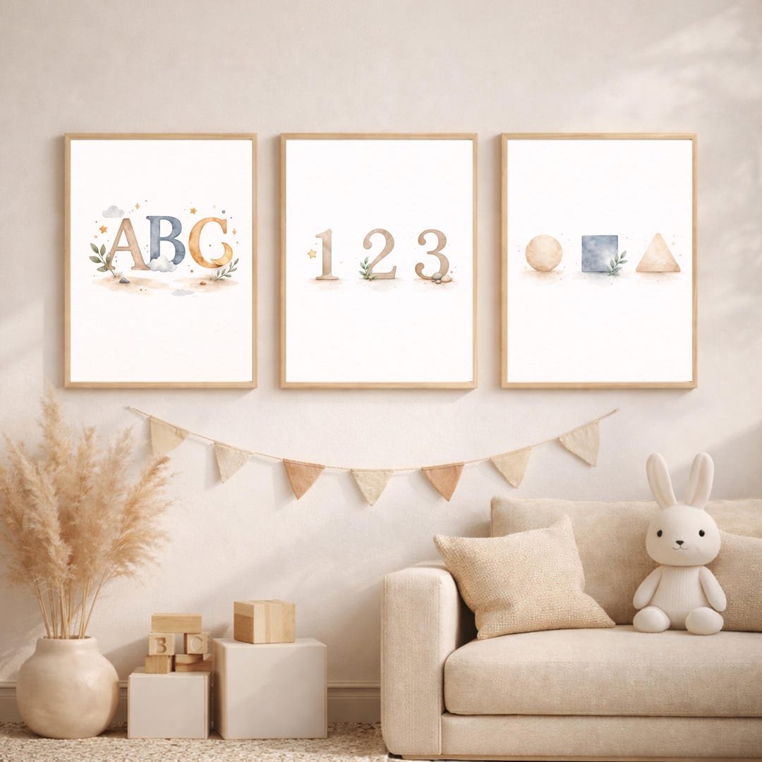Alphabet Nursery Wall Art Set of 3, ABC 123 Shapes Prints, Neutral ...
