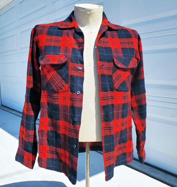 1960s Pendleton Red/Black Plaid Flannel Button Up Shi… - Gem