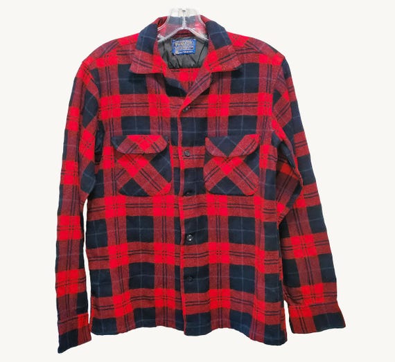 1960s Pendleton Red/Black Plaid Flannel Button Up Shi… - Gem