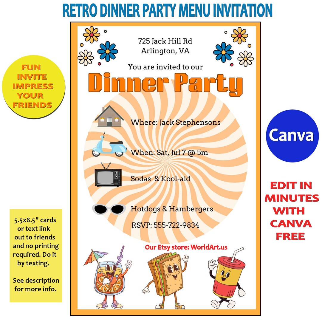 RETRO Dinner Party Menu Print Cards or E-invite Dinner Party Invite ...