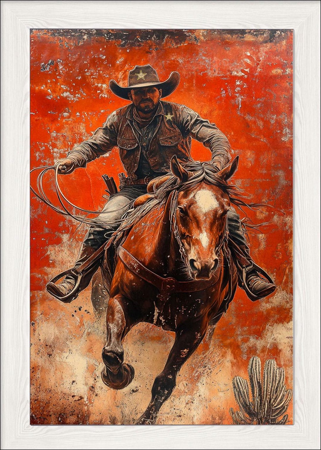 Cowboy Sheriff on Horse Western Wall Art With Painted Vintage Look ...