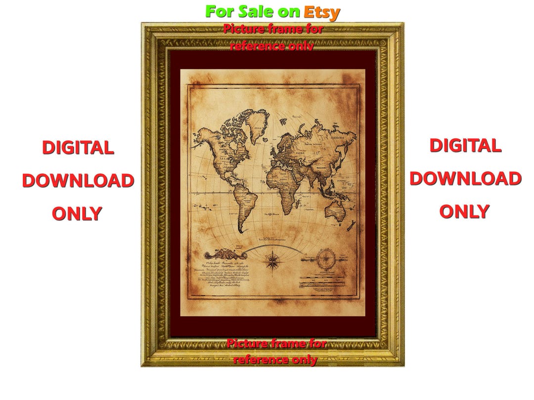 World Map Art in a Digital Print - Map of the World Antique Sepia Picture - Own Instantly ...