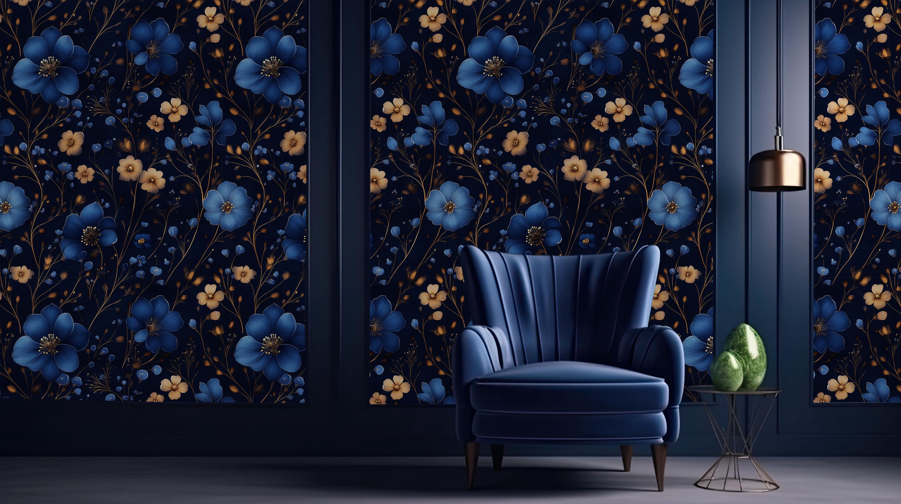 Elegant Navy Blue Floral Wallpaper - Dark Vintage Flowers for Living ...