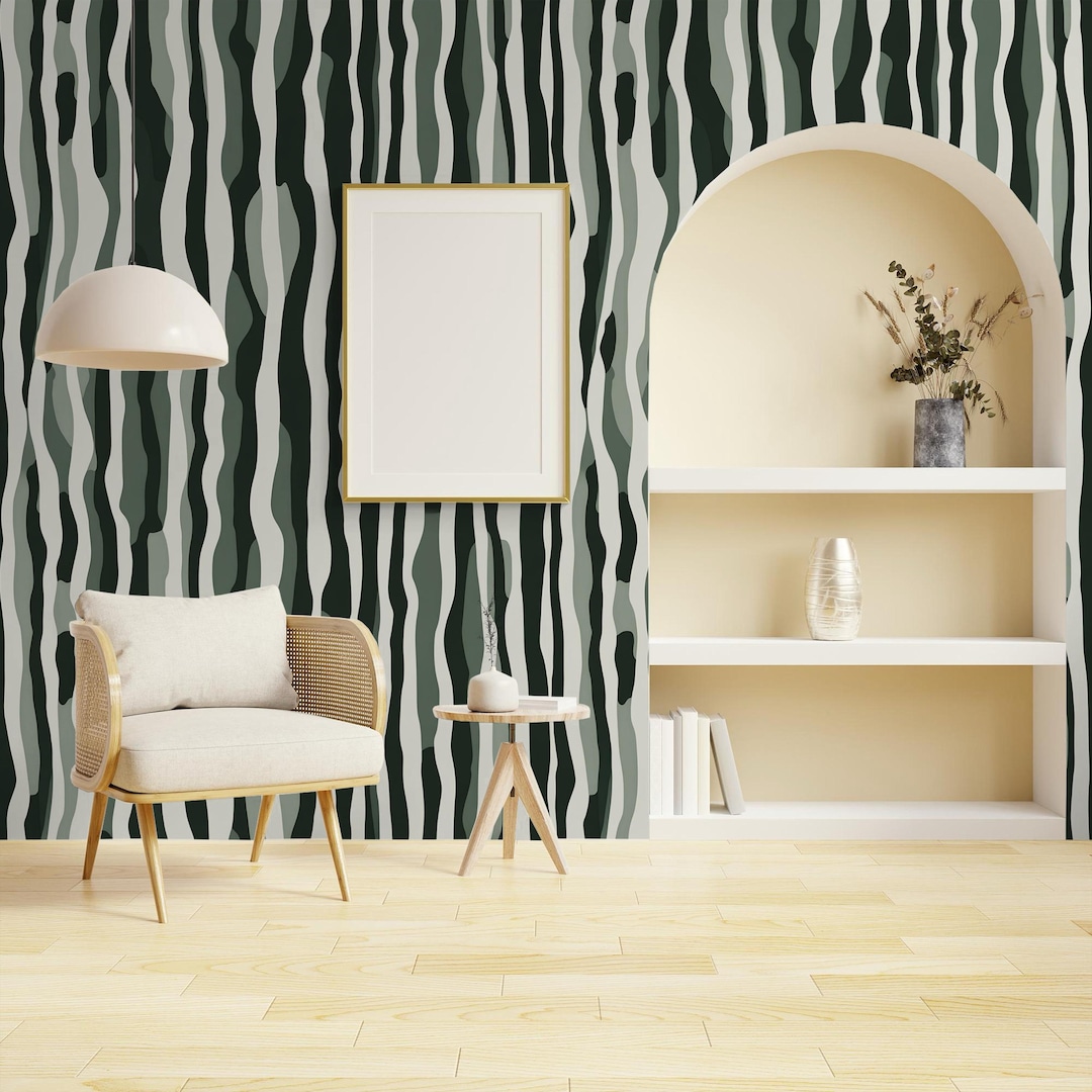 Modern Abstract Wavy Stripe Wallpaper – Dark Green & Neutral Tones ...