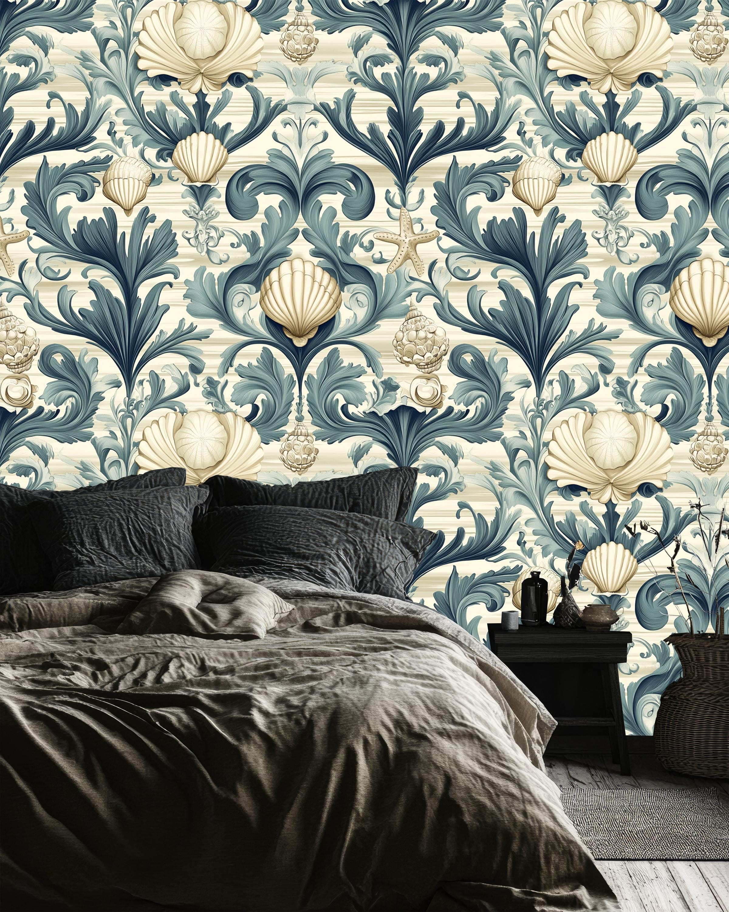 Coastal Baroque Seashell Wallpaper - Nautical Luxury Design for Beach ...
