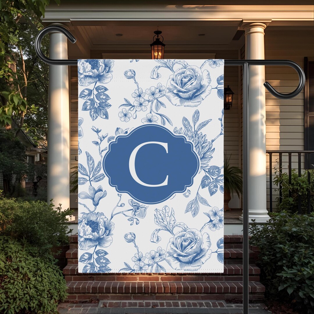 Personalized Chinoiserie Garden Flag, Blue Floral Monogram Yard Flag ...