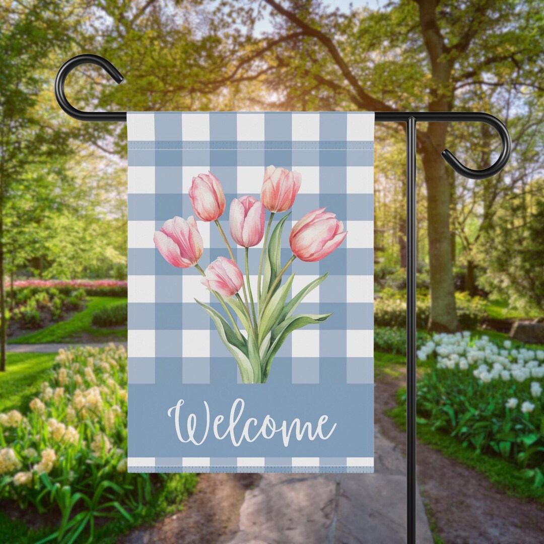 Welcome Tulip Garden Flag, Blue Gingham With Pink Tulips, Outdoor Yard ...