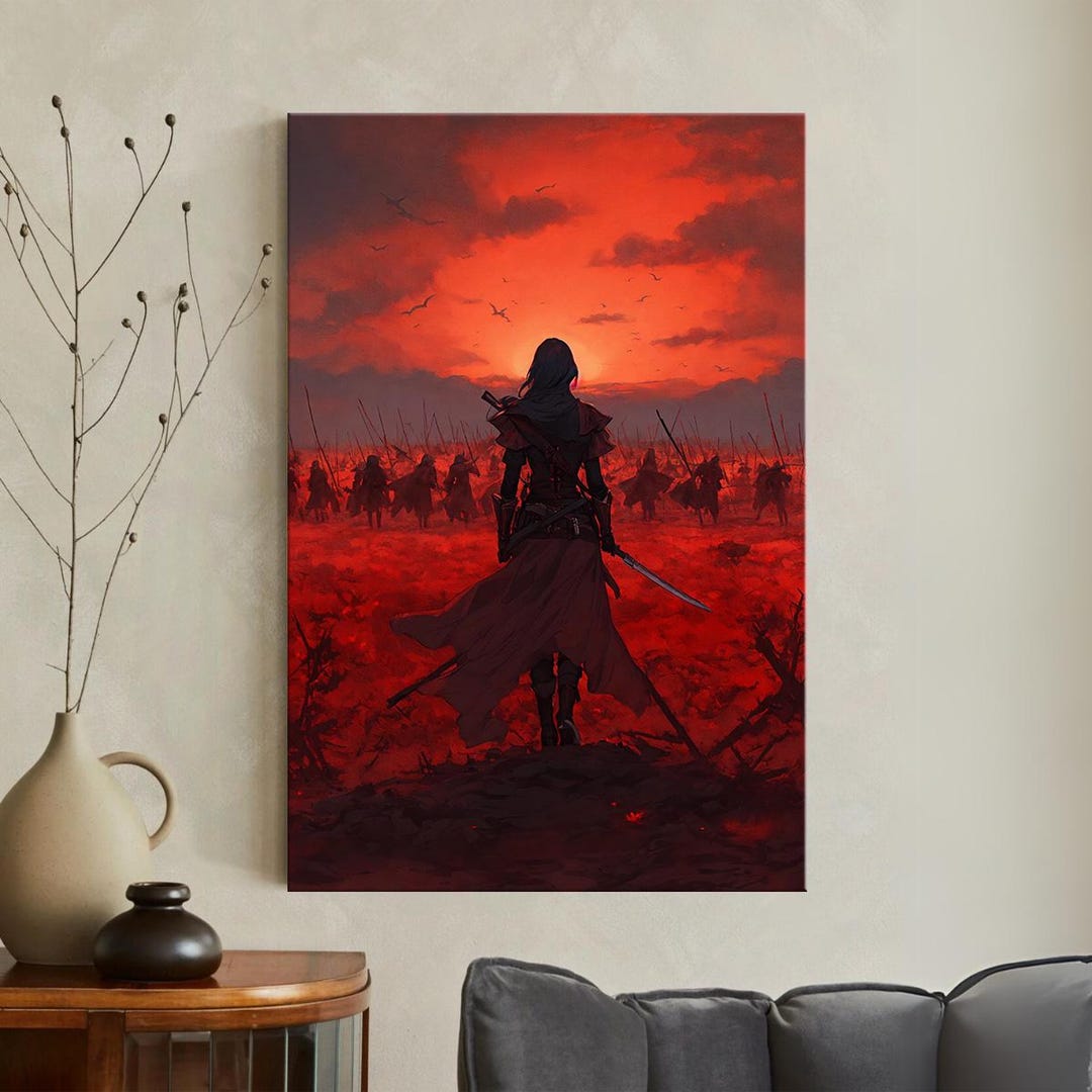 Fantasy Warrior Battle Scene Canvas Print | Epic Red Sky Dark Art Wall ...