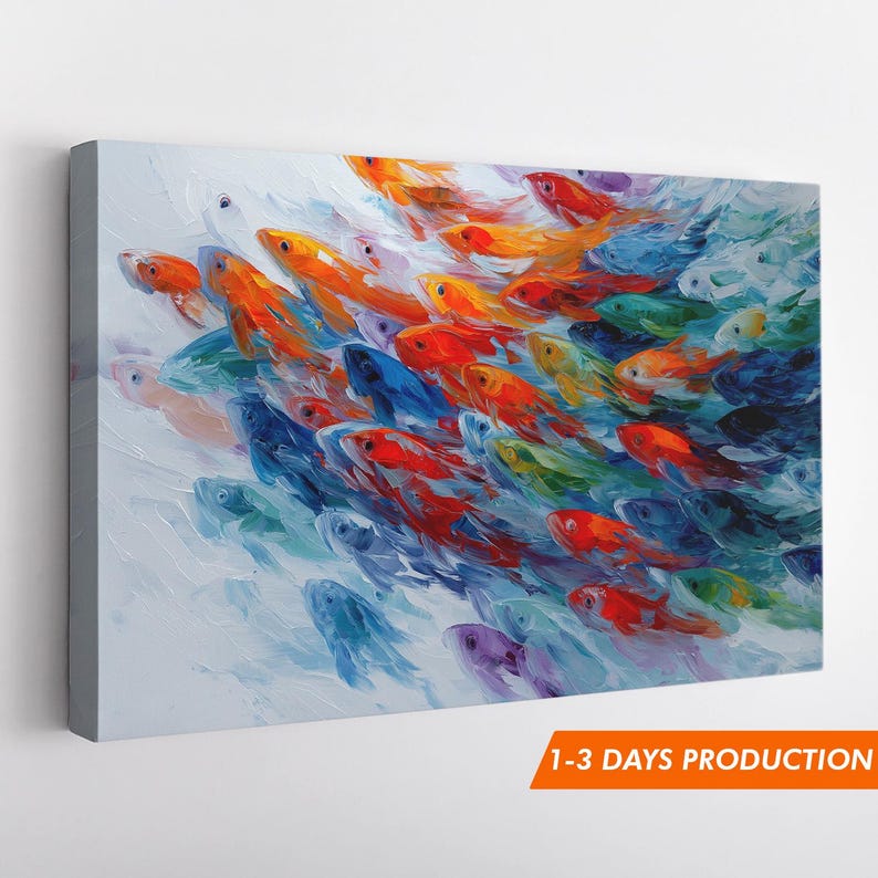 Abstract Fish Shoal Wall Art, Lake House Decor, Colourful Oil Painting ...