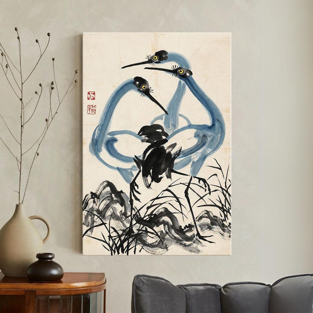 Blue Heron Sumi-e Canvas Print, Japanese Crane Ink Wash Painting ...