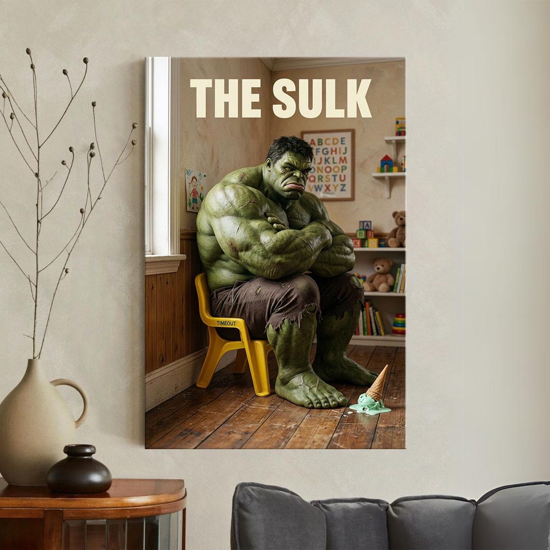The Sulk Funny Superhero Canvas Print, Grumpy Green Giant Wall Art ...